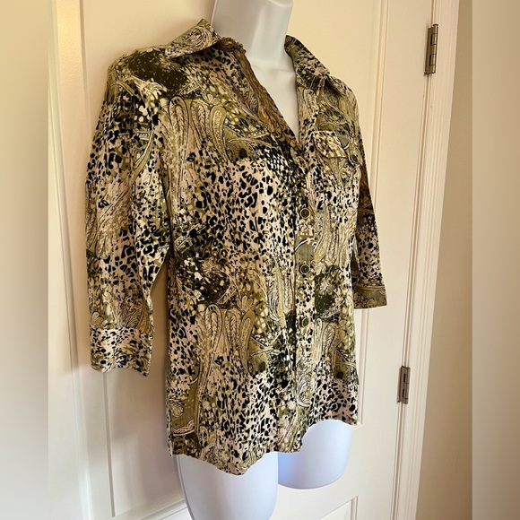 Karen Scott | Tops | Karen Scott Button Up Blouse Olive Green Black And ...